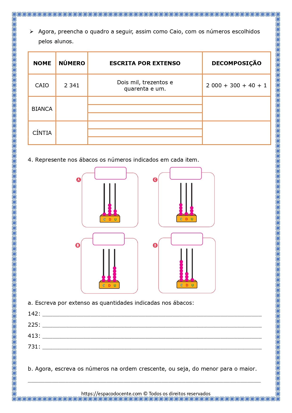 ATIVIDADES SISTEMA DE NUMERAÇÃO DECIMAL 3º ANO - ESPAÇO DOCENTE
