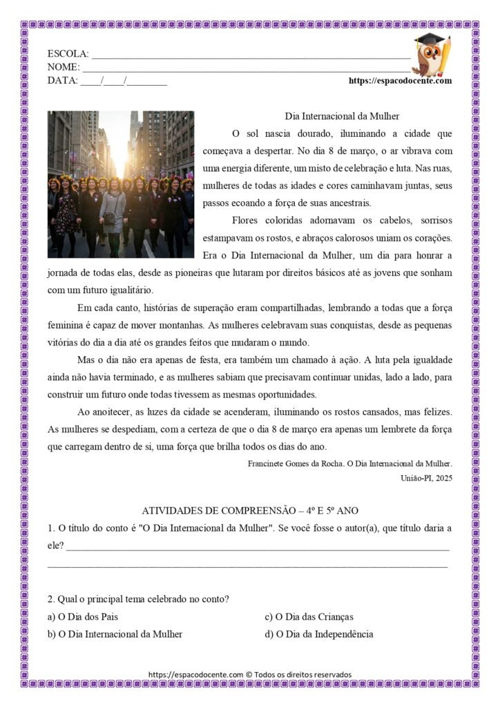 ATIVIDADES “O DIA DA MULHER” – 4º E 5º ANO - ESPAÇO DOCENTE